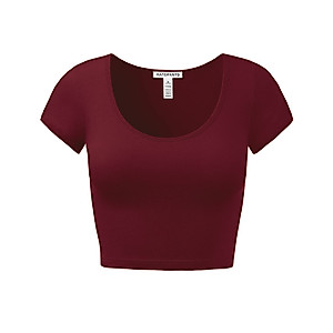 Women's Cotton Basic Scoop Neck Crop Tops Short Sleeve Tops DARKBURGUNDY M