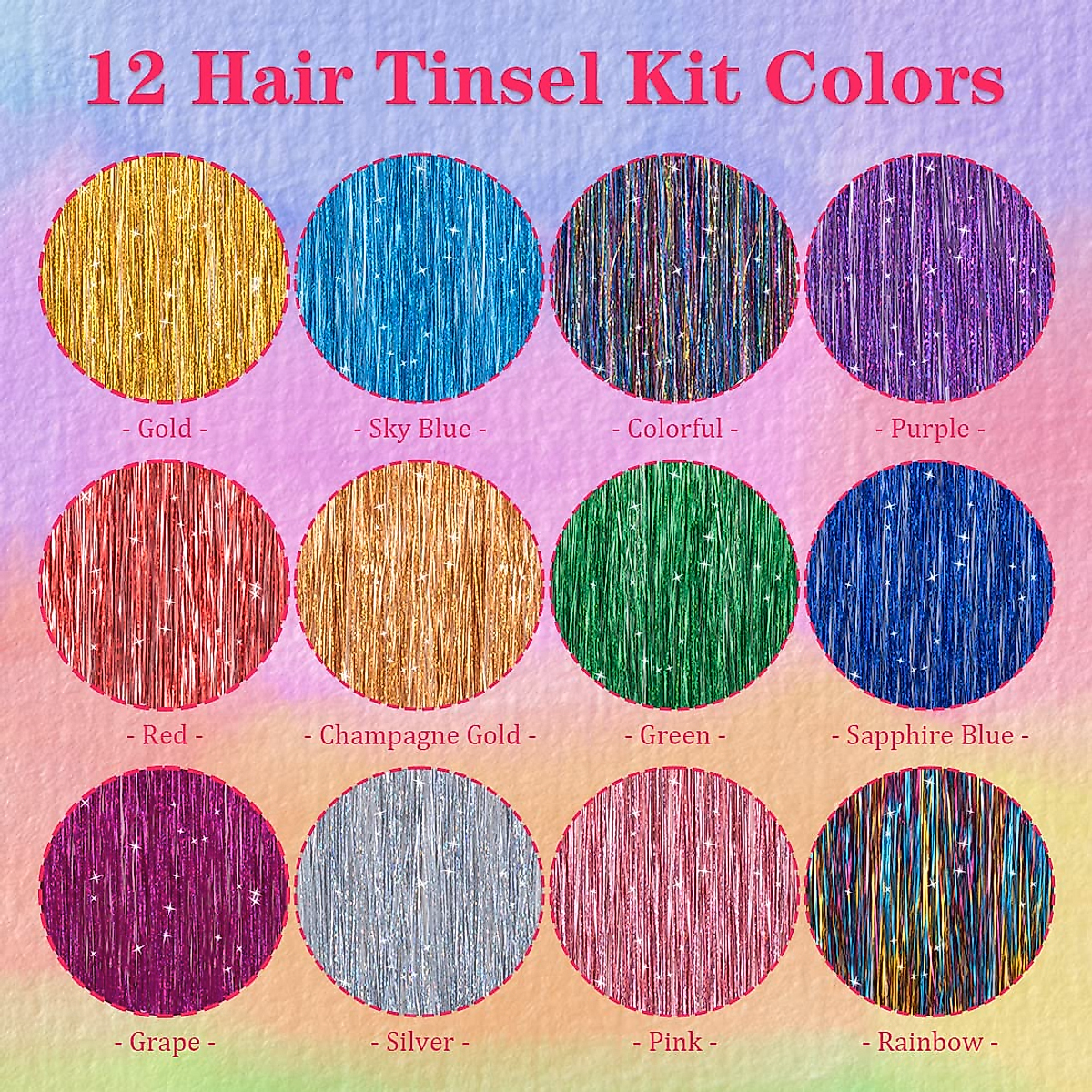 Hair Tinsel kit Fairy Hair Tinsel Kit 47 Inch Hair Extensions Hair Tinsel Kit Strands with Tool 12 Colors 2280 Strands Sparkling Glitter Fairy Hair Tinsel (12 Colors)