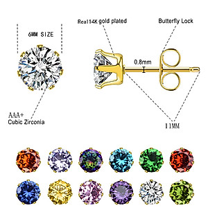 TIYAMILA Gold Plated Birthstone Stud Earrings 316L Stainless Steel CZ Stud Earrings for Women, Coloful Round Cubic Zirconia Stud Earrings, CZ Earrings Set 4mm, 5mm, 6mm, 7mm With Gift Box - 6MM