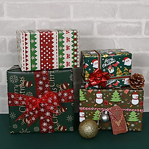 Aimyoo Vintage Red Green Christmas Wrapping Paper Jumbo Roll, Xmas Gift Wrap Paper 17 in x 32 ft, Snowflakes Bows Stars Dots Stripes Design