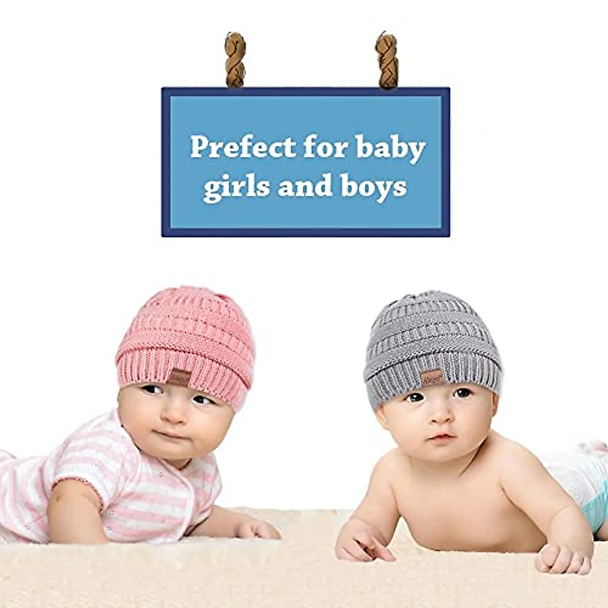 Alepo 3 Pack Baby Beanie Hats for Girls Boys, Soft Warm Fleece Lined Baby Winter Hat for Newborn Infant Toddler Kids, Cute Cozy Knitted Beanie Cap for Cold Weather-12