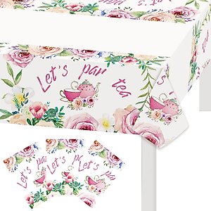 3PCS Let's Par Tea Tablecloth 42.6" x 70.8" Tea Time Party Table Covers High Tea/Floral Tea/Teapot Teacups/Par Tea Themed Bridal Shower Engagement Bachelorette Party Supplies Decorations Photo Prop