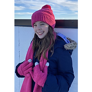 N'Ice Caps Girls Gloves Hat Scarf Winter Kids 3 Piece Set Cable Knit Warm Sherpa Lined (Fuchsia 1, 9-13 Years)