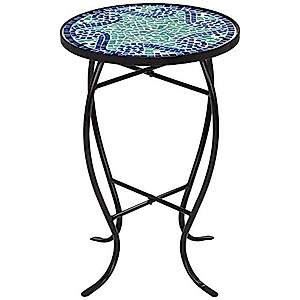 Teal Island Designs Ocean Wave Modern Industrial Black Iron Metal Round Outdoor Accent Side Table 14" Wide Light Green Mosaic Tile Tabletop Gracefully Curved Legs for Porch Patio House Balcony Deck