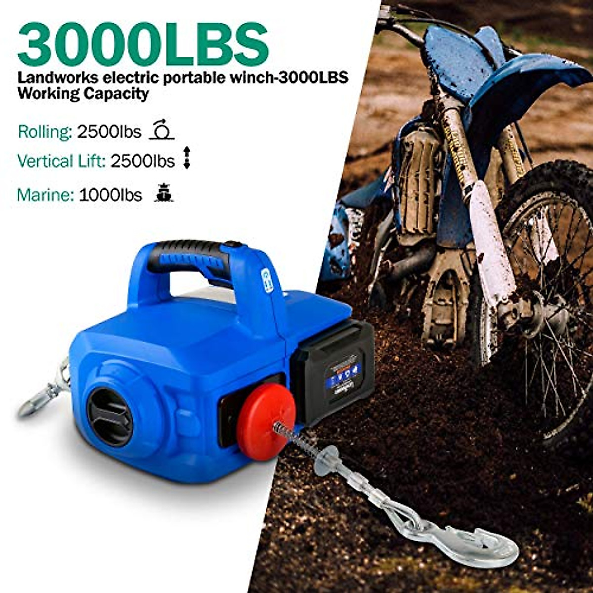 Landworks Electric Towing Winch Hoist Portable Cordless 1000 lbs 1/2 Ton Max Weight Brushless Motor Li-Ion Battery Powered 20' Foot Steel Braided Cable for Off Road ATV Truck Boat Trailer Hunting