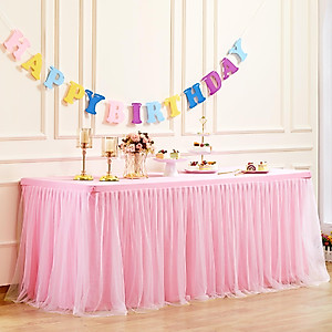 Suppromo 6ft Pink Tablecloth with Tulle Table Skirt for Rectangle Tables 3 Sides Pink Tutu Table Cover for Baby Shower Girls Birthday Party Wedding Dessert Cake Table Decorations