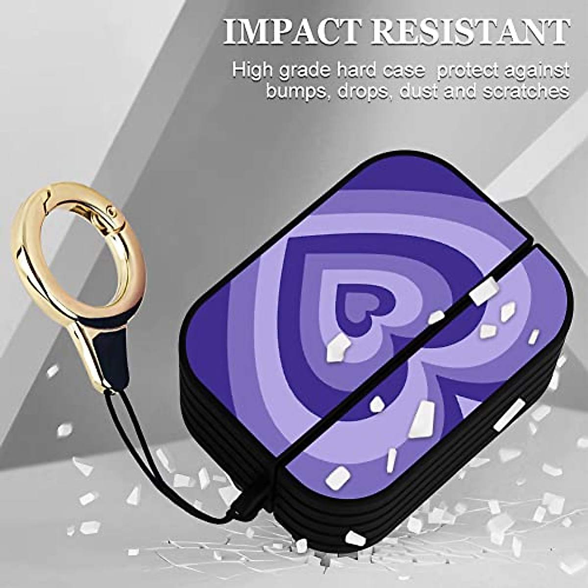 OOK Case Compatible with Airpods Pro Magnetic Closure Full Body Protective Hard Plastic Airpods Pro Case Purple Heart Design Wireless Charging Black Cover with Ring Key-Chain