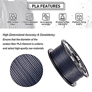 Suntop PLA Filament 3D Printer Filament Carbon Fiber Filament 1.75mm 20% Carbon Fiber Dimensional Accuracy +/- 0.03 mm 1kg 2.2lbs Black Spool