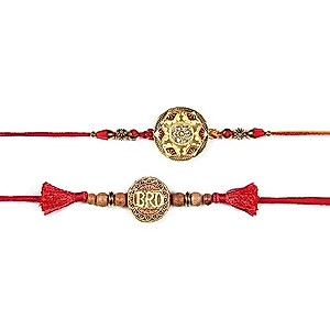 ARTISENIA Rakhi for Brother Set of 2 Rakhi Set | Raksha Bandhan Greeting Card | Roli Chawal Tika - Raksha bandhan Bro Rakhi for Brother Designer Kundan Rakhi | Rakhi for Bhaiya | Rakhi Thread RNJ002