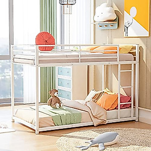 TARTOP Metal Bunk Bed Twin Over Twin, Low Bunk Bed Frame with Ladder & Guardrail for Teens Adults Dormitory Bedroom, Heavy Duty Metal Bed Frame, Easy Assembly, No Box Spring Required, White