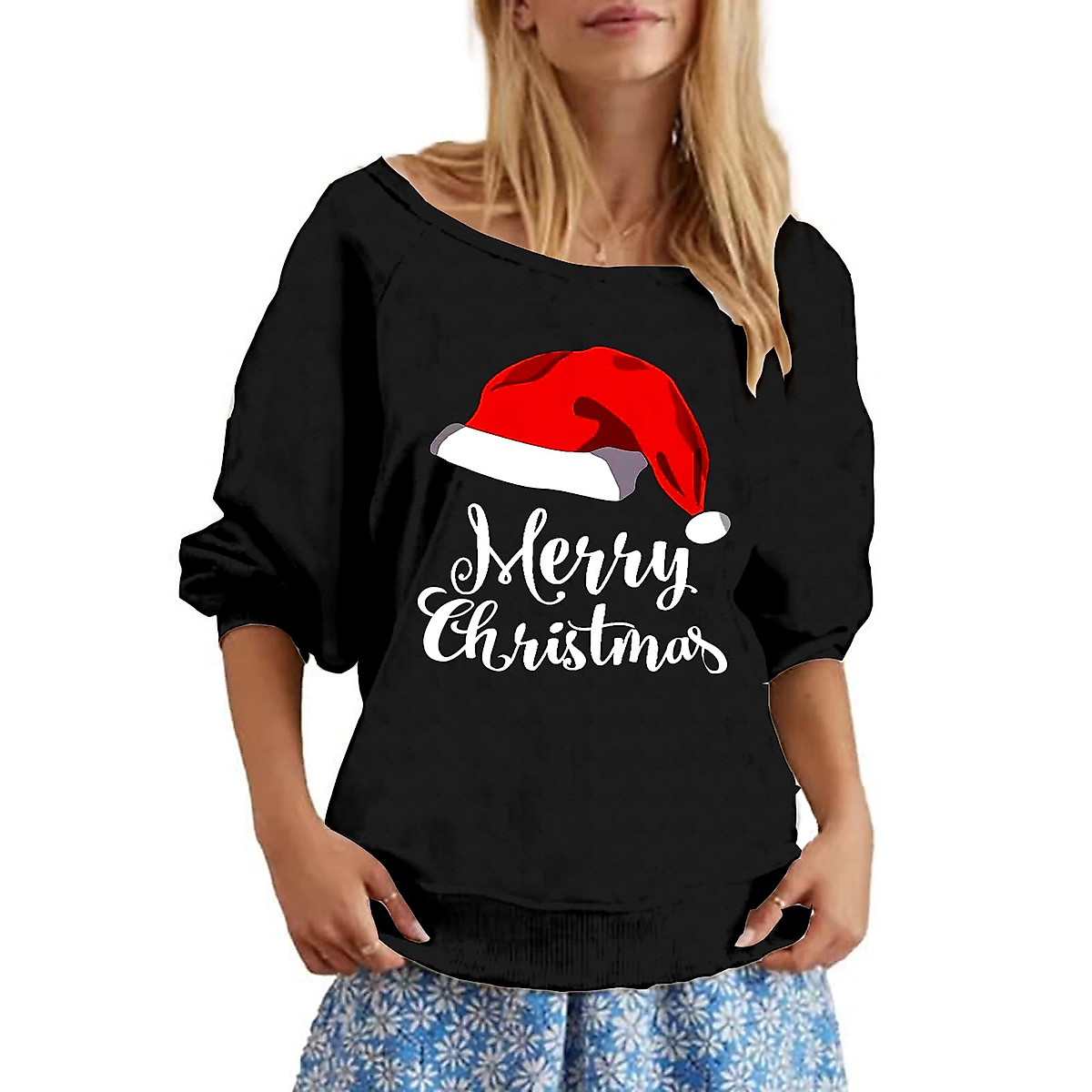 Roshop Womens Off Shoulder Merry Christmas Long Sleeve Sweatshirt CHT XL