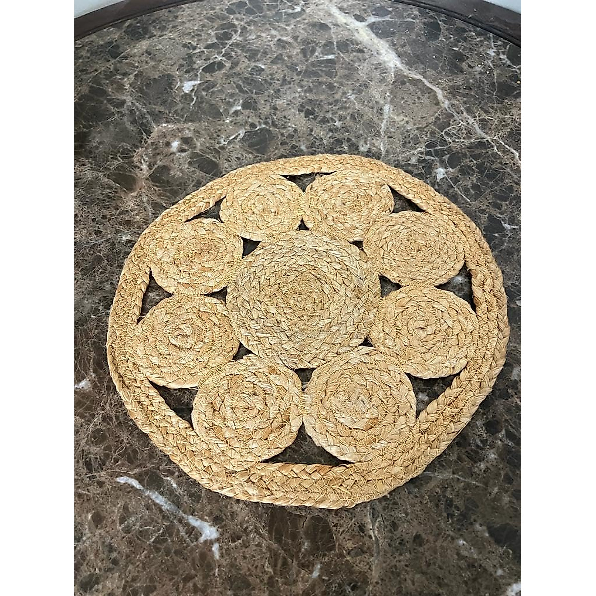 Flower Jute Placemats Set | 100% Natural and Eco-Friendly | Soft & Durable | Round 13" x 13" | Dining Room Table Mat in Natural Jute Color | No Artificial Color (6)