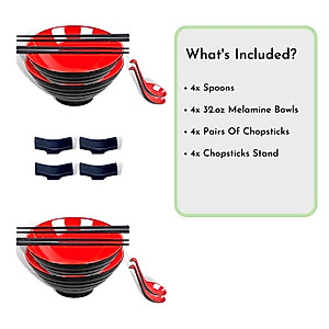 Phobowl, Set of 4(20 pcs) Cute Ramen Bowl with chopsticks- 32 OZ Japanese Style Noodle Soup Bowls Set and Asian Soup Spoons- Large Bowls for Salad, Udon,Soba,Pho, Rice, Noodles with Chopstick Holders