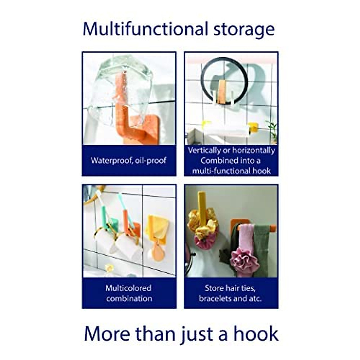 Long Plastic Sticky Wall Hook Heavy Duty, Kitchen Living Room Wardrobe Towel Coat Clothes, Band Organizer Holder Strong Stickiness Waterproof Colorful Hooks (Orange, 4 Count (Pack of 1))