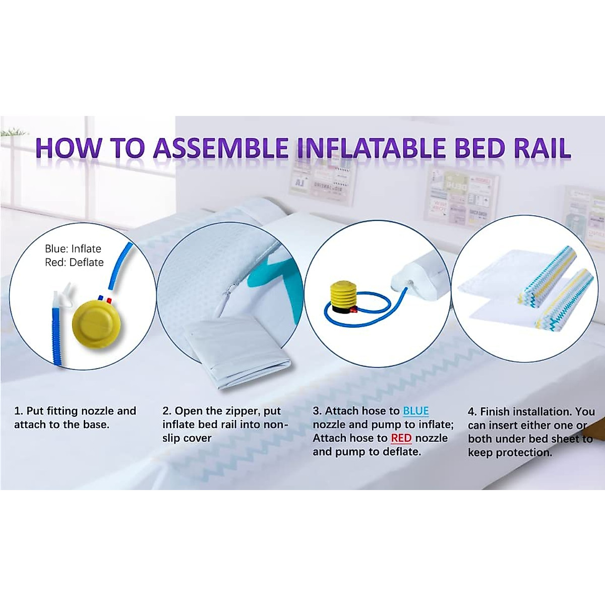 Bed Rail for Toddlers 2-Pack, CPSIA Certified - 50-Inch Long Inflatable Crib Bumpers for Home or Travel, Adjustable Toddler Bed Rails Guard Fits Twin, Full, Queen, King Size Bed Mattress