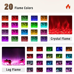 60 Inches Electric Fireplace with 20 Realistic Flames, Ultra Thin Wall Mounted Fireplace with Remote Control, Log Set & Crystals, Independent Flame and Heat Control for Year-Round Use, Black