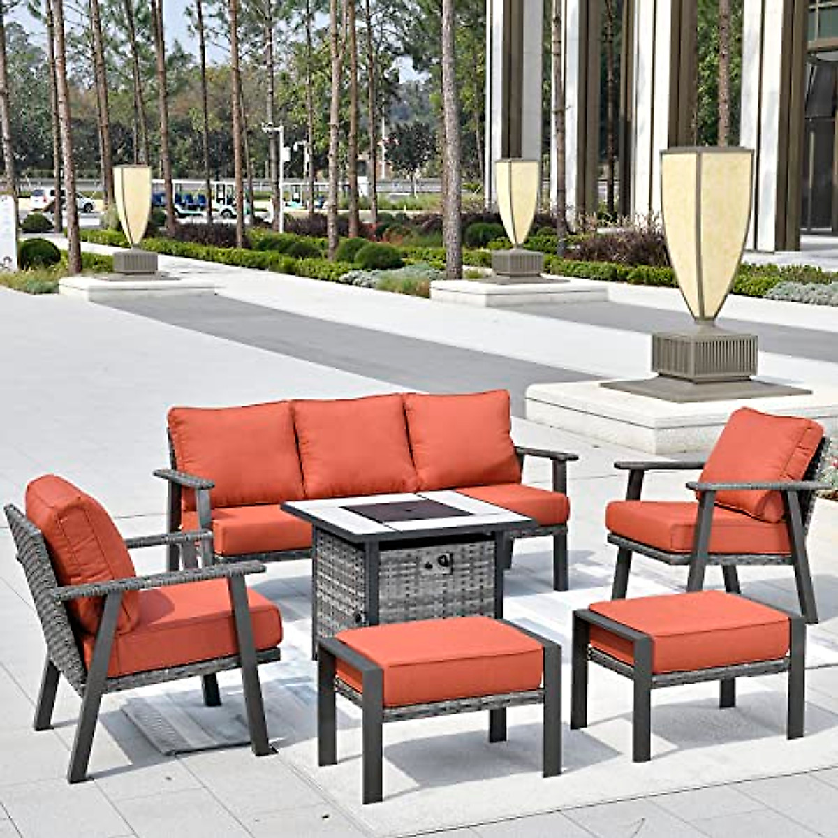 ovios Patio Furniture Set 6 PCS All Weather Outdoor Wicker Rattan Sofa Set with Fire Pit Table Ottomans High Back Sofa Thick Cushion Garden Backyard Porch (Orange Red)