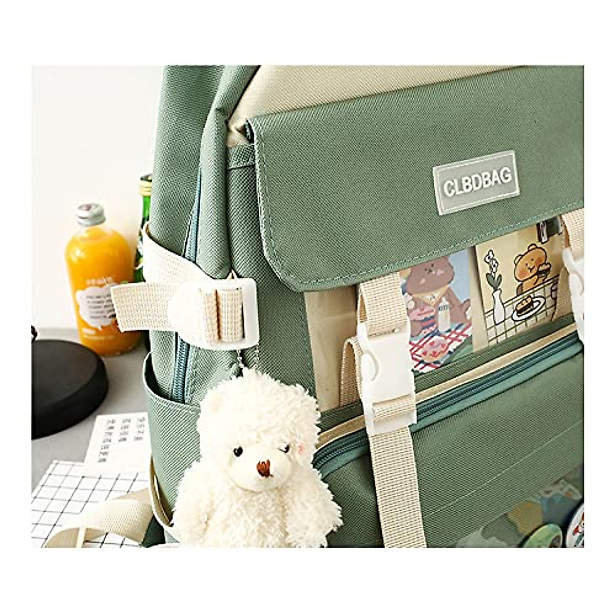 Timtram Cute Kawaii Canvas Backpack 4Pcs Set, Backpack, Pencil Pouch, Shoulder Bag, Lunch Bag, for Girls Boys, Give away bear pendant, cards, badges (Blue)