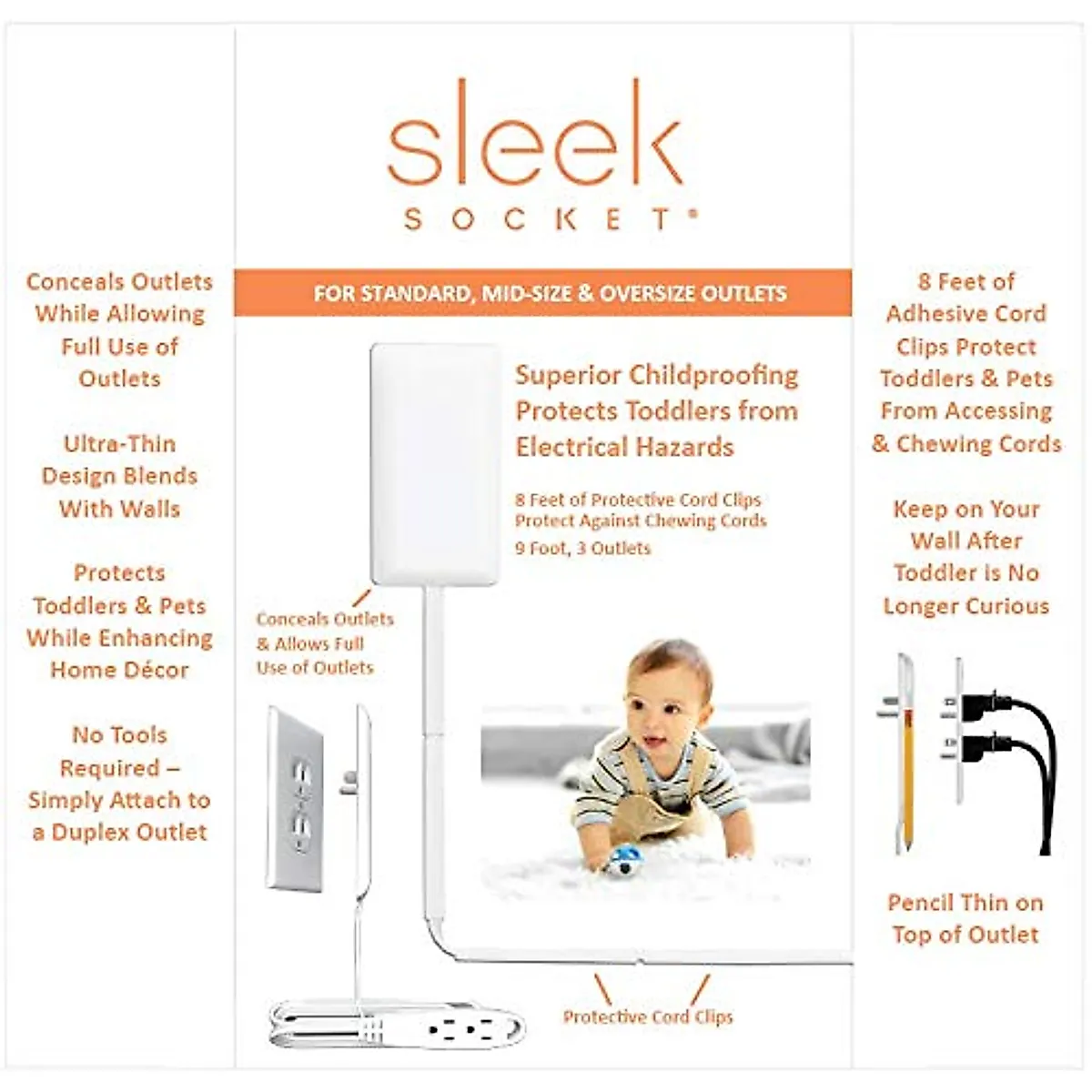 Sleek Socket No Shock Child Protector, Outlet & Plug Concealer with Protective Cord Clips, 8-Foot Flat Extension Cord with Multiple Outlets, Baby Proofing Outlet Cover, No Access To Dangerous Cords