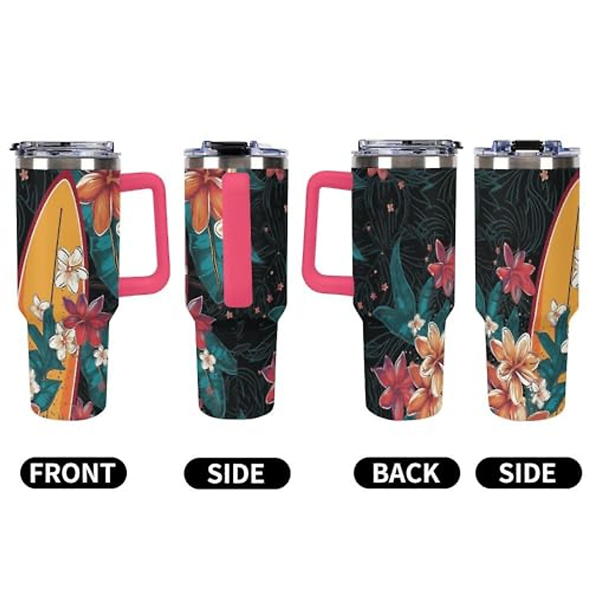 40 Oz Vacuum Tumbler with Light Rose Red Handle Leakproof Insulated Tumbler Surfboard And Flowers Stainless Steel Travel Mug with Lid And Straw Coffee Cup Cute Water Bottles Cup Holder Friendly