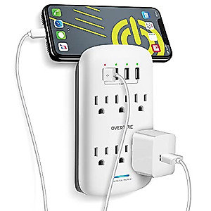 6 Outlet Extending Surge Protector, Multi Outlet Extender Wall Adapter with 4 USB Fast Charging Ports, 6 AC Outlets, Phone Mount, 1200J Surge Protection, ETL Certified (1-Pack, White)