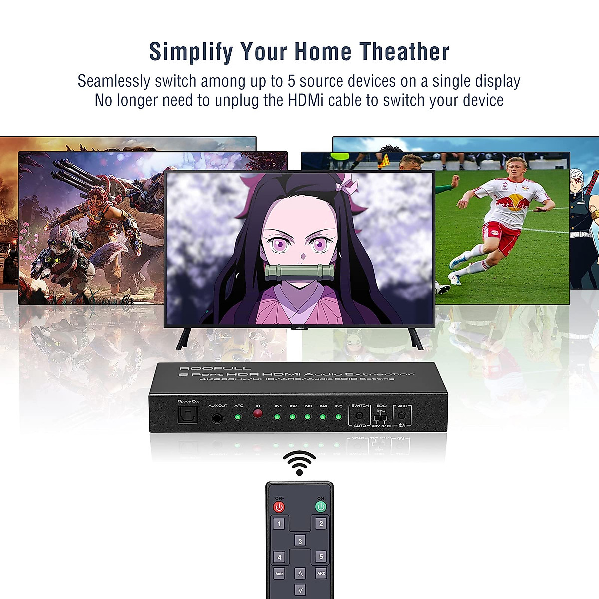 ROOFULL 5 Port 4K@60Hz HDMI Switch with Optical & 3.5mm AUX Audio Out, 5 in 1 Out HDMI 2.0 Switch Audio Extractor with Remote, Support ARC, HDR 10, HDCP 2.2, 18Gbps, Dolby Vision/Atmos, 3D, 1080P