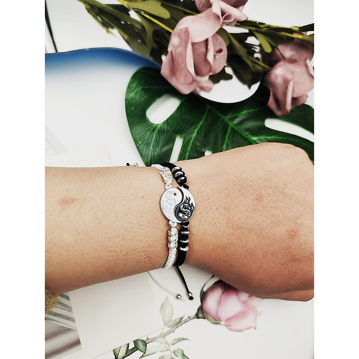 INENIMARTJ 4Pcs Yin Yang Matching Dragon Bracelet Necklaces Set for Women Men,Yin Yang Couple Bracelet Pendant Necklaces for Bff Best Friend (C 4P)