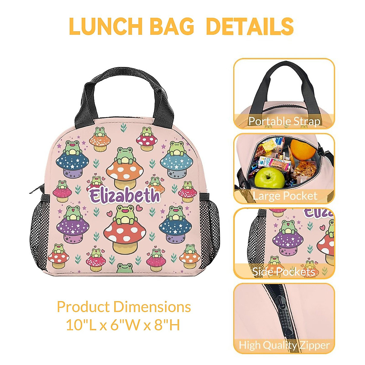 Custom Name Frog Lunch Bag for Kids, Personalized Small Lunch Bags Insulated, Cute Reusable Lunchbox for Teen Girls Boys, Pink Portable Lunchbags for School Travel Picnic, Freezable and Foldable