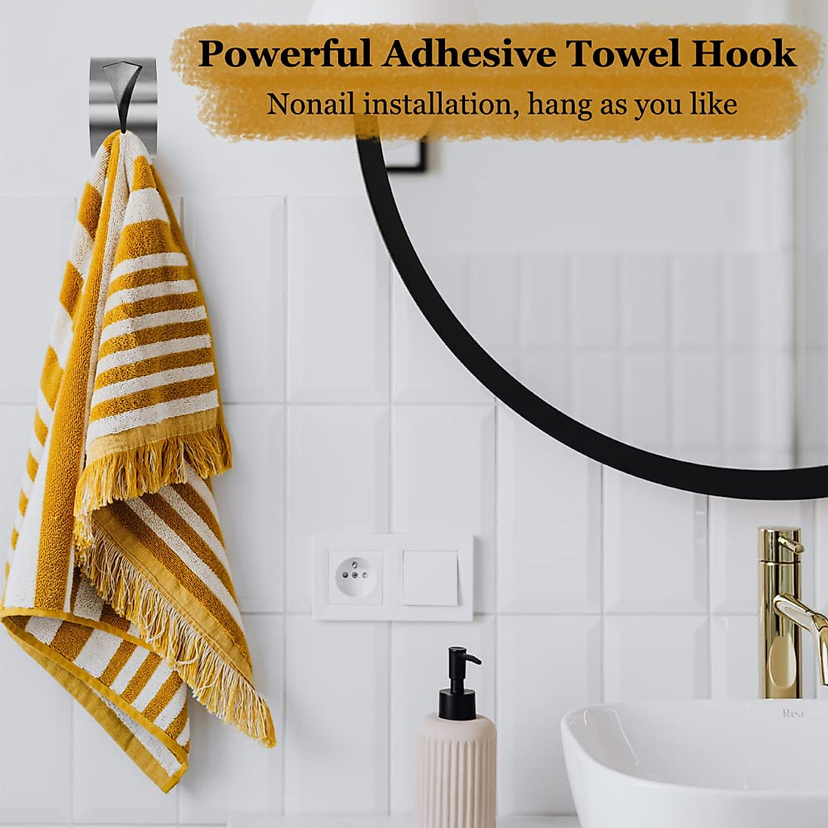 Self Adhesive Towel Hook Holder, Kitchen Dish Towel Holder Towel Hanger Premiun Stainless Steel Wall Mount Non-Drilling Hand Towel Hook Tea Towel Holders for Bathroom Kitchen (Silver)