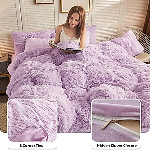 LIFEREVO Luxury Plush Shaggy Duvet Cover Set, Soft Velvet Fluffy Furry Duvet Cover Set(1 Lavender Faux Fur Fuzzy Comforter Cover+2 Pom Poms Pillow Shams)Bedding Set, Zipper Closure(Full/Queen, Orchid)
