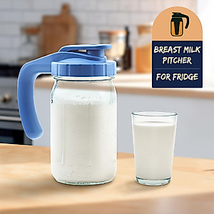 Glass Mason Jar Pitcher with Lid - Wide Mouth,1 Quart (32oz / 1 Liter) LIVEBAY Breast Milk Pitcher, Heavy Duty Glass Breastmilk Storage Container for Sun Tea, Juice, Cold Brew Coffee