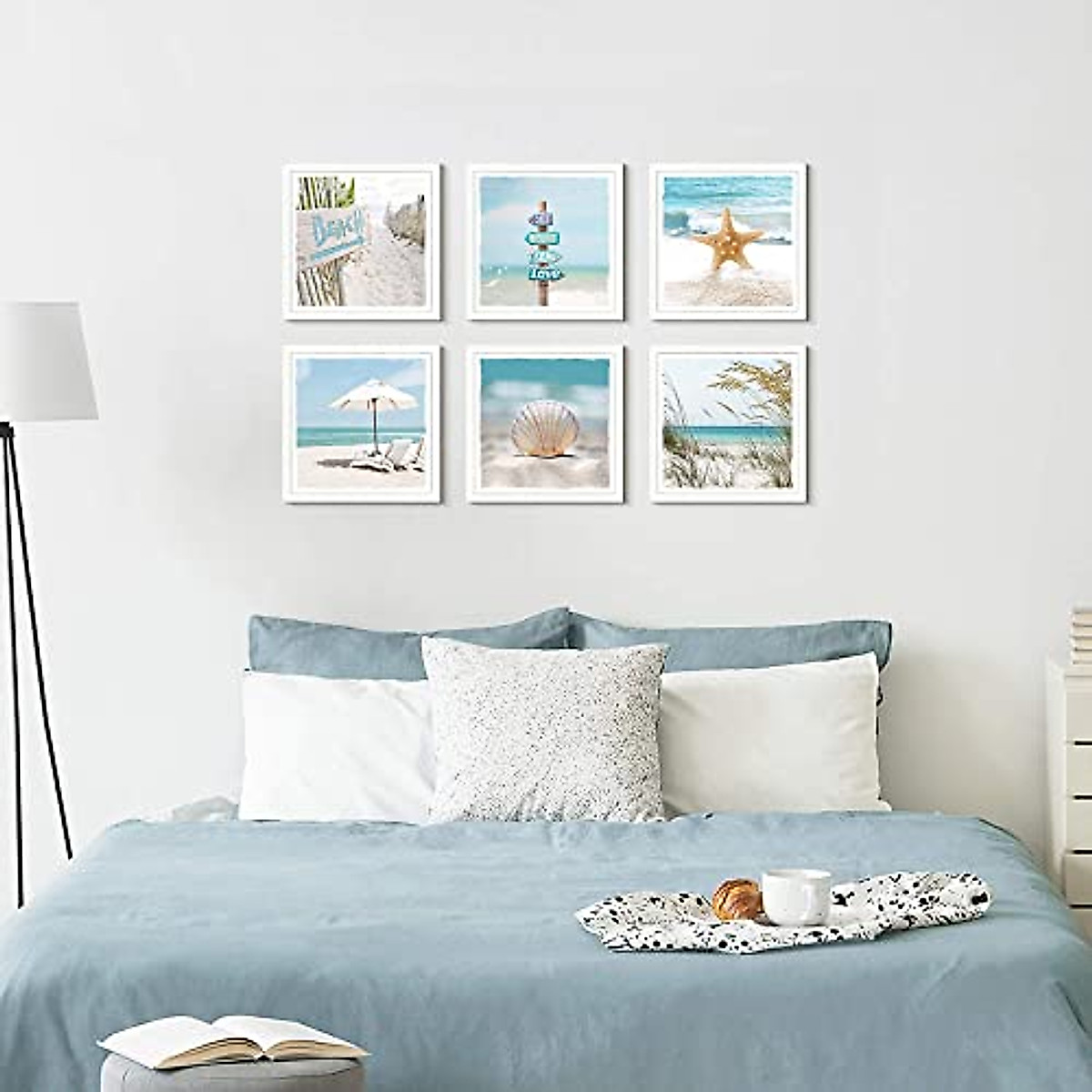 Beach Wall Art for Bathroom: Ocean Seashell Framed Picture and Coastal Seascape Seaweed Artwork landscape Painting Print on Seaside Photo Bedroom Living Room (13''x13'')
