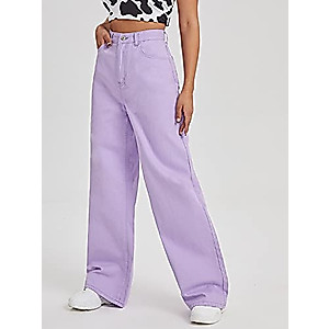 MakeMeChic Women's Casual High Waist Jeans Wide Leg Denim Pants Purple M
