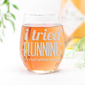 I Tried Running Spilled My Wine Stemless Wine Glass - Gift For Female Marathon Runner, Gift Ideas for Fitness Instructor, Runner Wine Glass