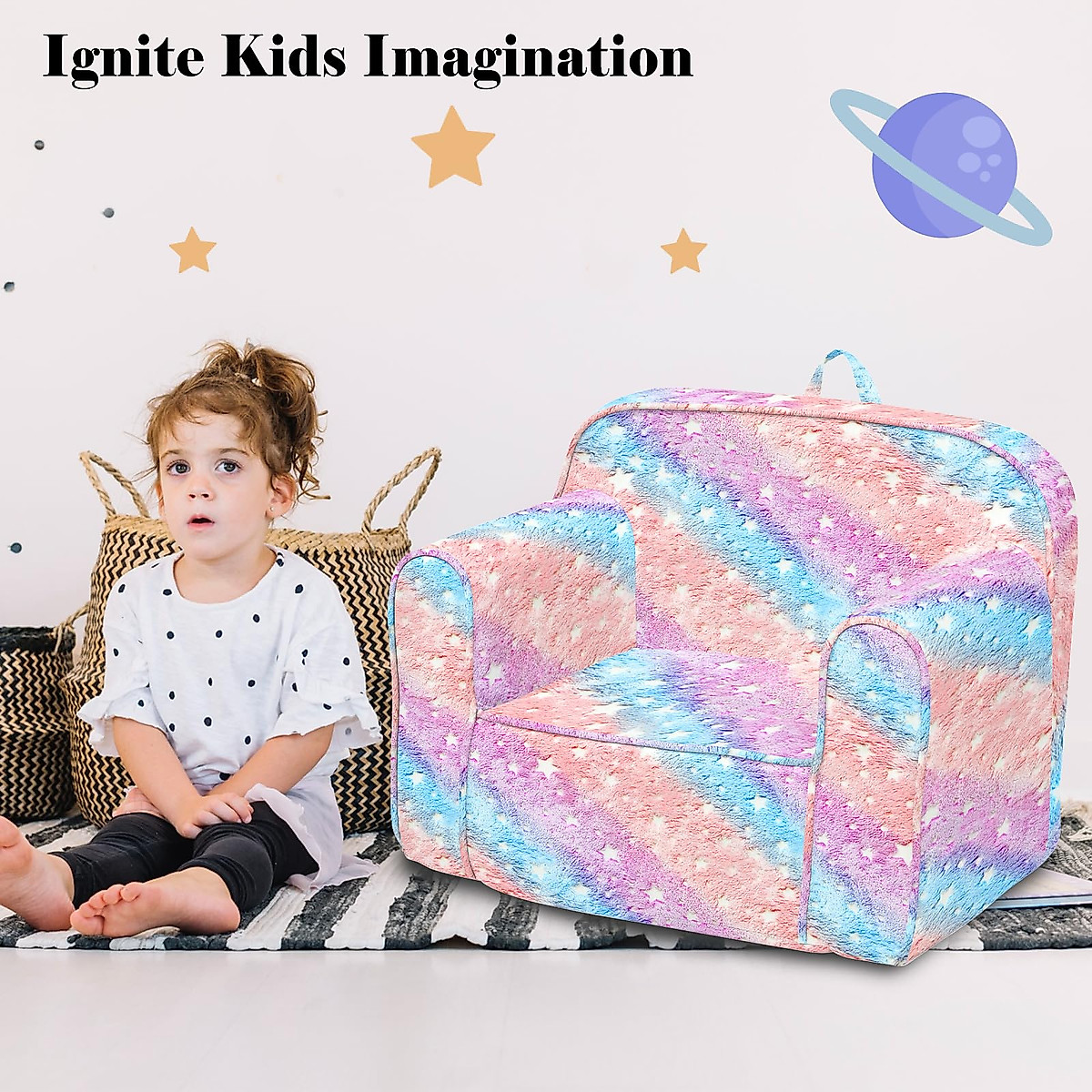 magic handle Kids Chair, Toddler Armchair with Foam, Glow in The Dark Kids Foam Sofa with Plush Removable Washable Cover Carrying Handle (Rainbow Pink)