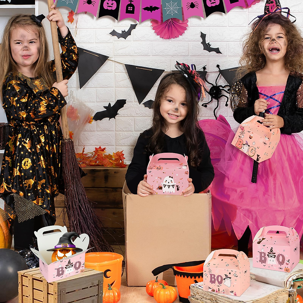 Konsait Halloween Boo Boxes, 12 Pack Kraft Paper Halloween Boo Treat Boxes Bulk, Pink Halloween Cookie Boxes, Halloween Boo Birthday Goody Boxes