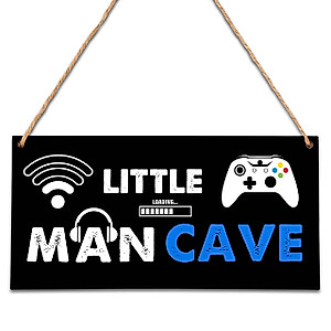 Little Man Cave, Gaming Wooden Door Sign for Gamer Room Decor, Boys Decorations for Bedroom Nursery Playroom Wall Art (5"x10") -A02