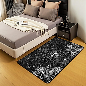 Erosebridal Sun and Moon Area Rug 3x5 for Bedside,Death Moth Carpet,Glitter Stars Indoor Floor Mat,Bohemian Hippie Nebula Celestial Accent Rug Set Botanical Plants for Bedroom Doorway Non Slip