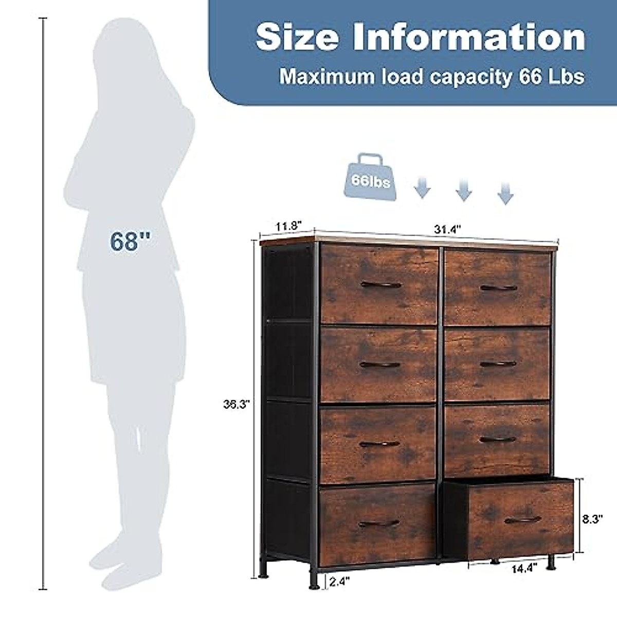 Dresser for Bedroom, Drawer Dresser Organizer Storage Drawers Fabric Storage Tower with 8 Drawers, Chest of Drawers with Fabric Bins, Steel Frame, Wood Top for Bedroom, Kids Room,Closet, Entryway