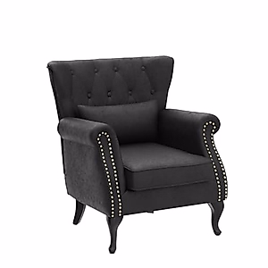 Kmax Velvet Club Chair Tufted Throne Chair Mid Century Accent Wingback Chair Padded Seating Wood Legs Home Club Bedroom Living Room, Black