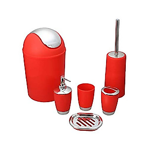 6Pcs Bathroom Accessory Tumbler Toothbrush Holder Bin Soap Dish Dispenser (Red)