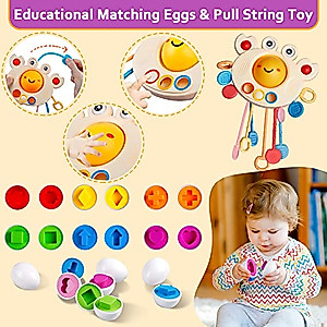Baby Toys for 6 to 12 Months, Montessori Toys for Babies, Sensory Bins Toys for Toddlers 1-3, Pull String Teether Infants Bath Toys 6 in 1 Stacking Blocks Rings, Matching Eggs, Suction Cup Spinner Toy