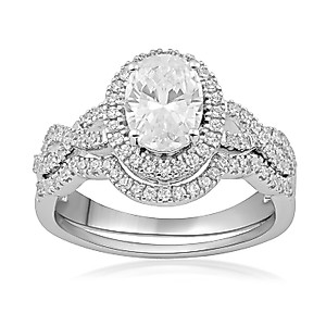 Jewelili Halo Bridal Ring in Sterling Silver with Oval and Round Shape Cubic Zirconia, Size 8