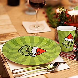 Whaline 100Pcs Christmas Tableware Set Green Christmas Character Disposable Dinnerware Set 50Pcs Paper Plates 25Pcs Napkin 25Pcs Cups for Xmas Theme Party Supplies Table Decorations