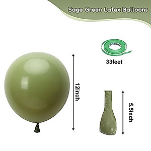 RUBFAC Sage Green Balloons, 50pcs 12 Inch Olive Green Party Balloons and Ribbon, Thick Latex Balloons for Birthday Wedding Baby Shower Graduation Anniversary Party Decorations