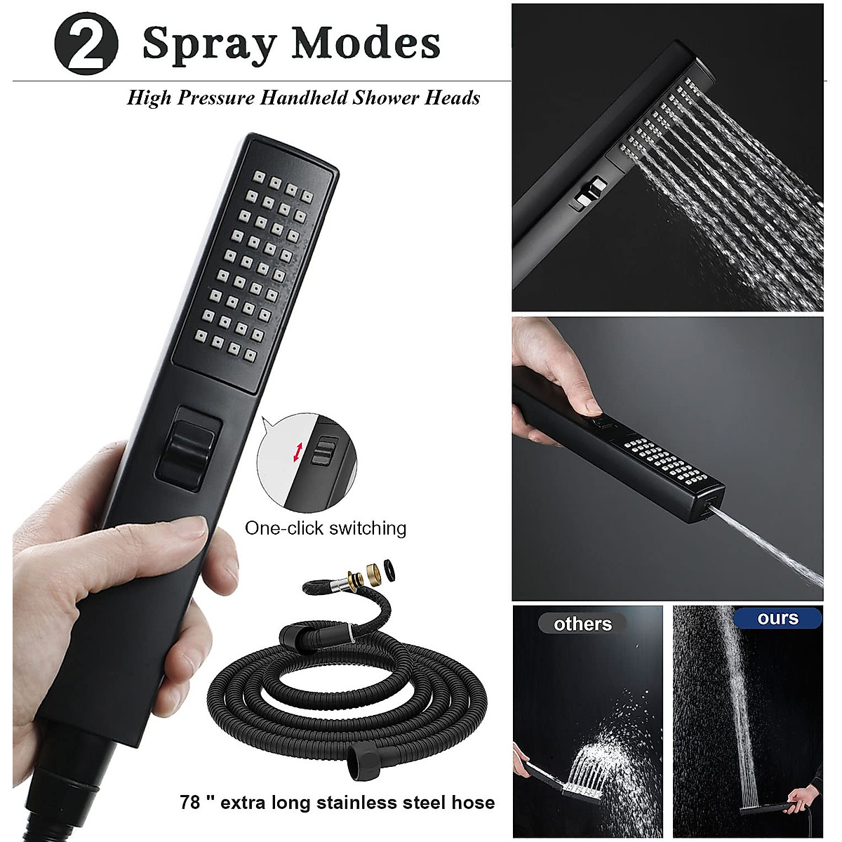 Shower Head, Rain Shower Head with Handheld,High Pressure 6'' Rainfall Stainless Steel Shower Head / 2 Settings Handheld Shower Combo with Shower Holder and 78'' Explosion-Proof Hose (Black)
