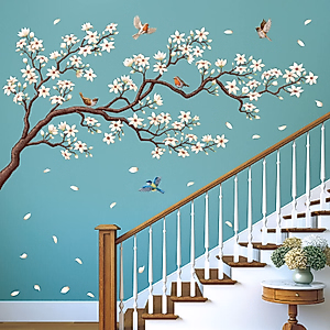 DECOWALL SG4-2213 Oriental Flower Tree Wall Stickers Decals White Cherry Blossom Peel and Stick Bedroom Living Room Flower murals décor Floral Bird Furniture Art Removable Nursery Baby Birch