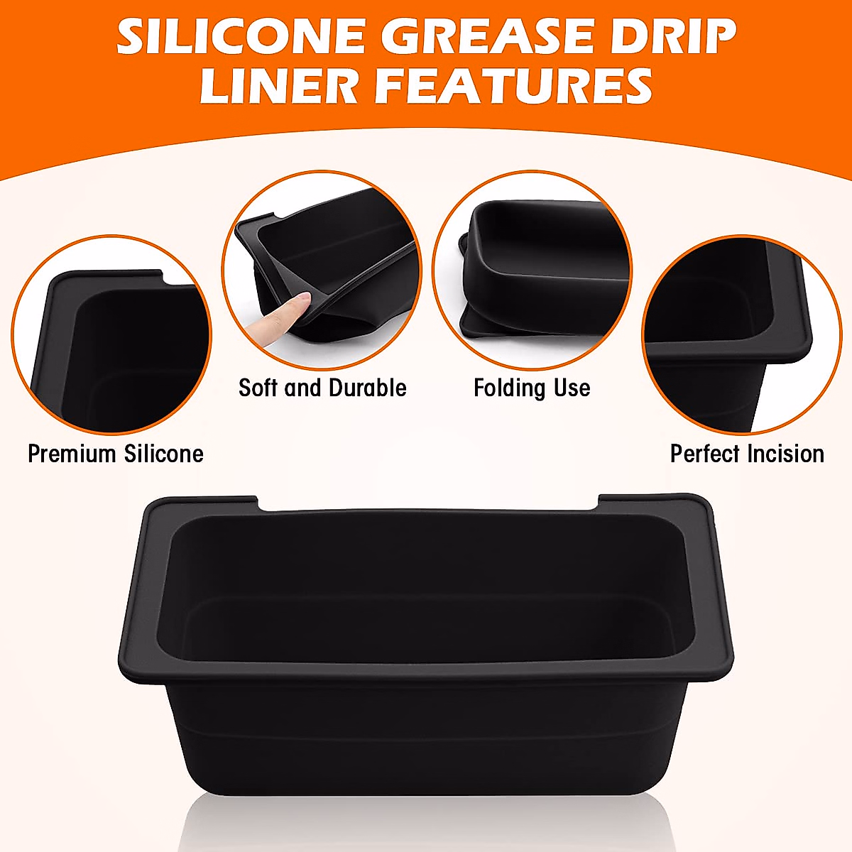 Winceed 2Pcs Silicone Liners for Blackstone Grill Grease Cup, Reusable Silicone Grease Drip Pans, Blackstone Griddle Grease Catcher, 8'' x 3'' x 3.7'', Black+Orange