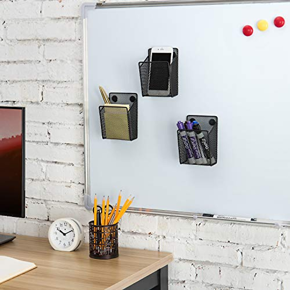 MyGift Black Metal Mesh Magnetic Office Supplies Pen Pencil and Marker Holder, Whiteboard Accesories Storage Basket, School Locker Organizer Accessory Pencil Cup, Set of 3