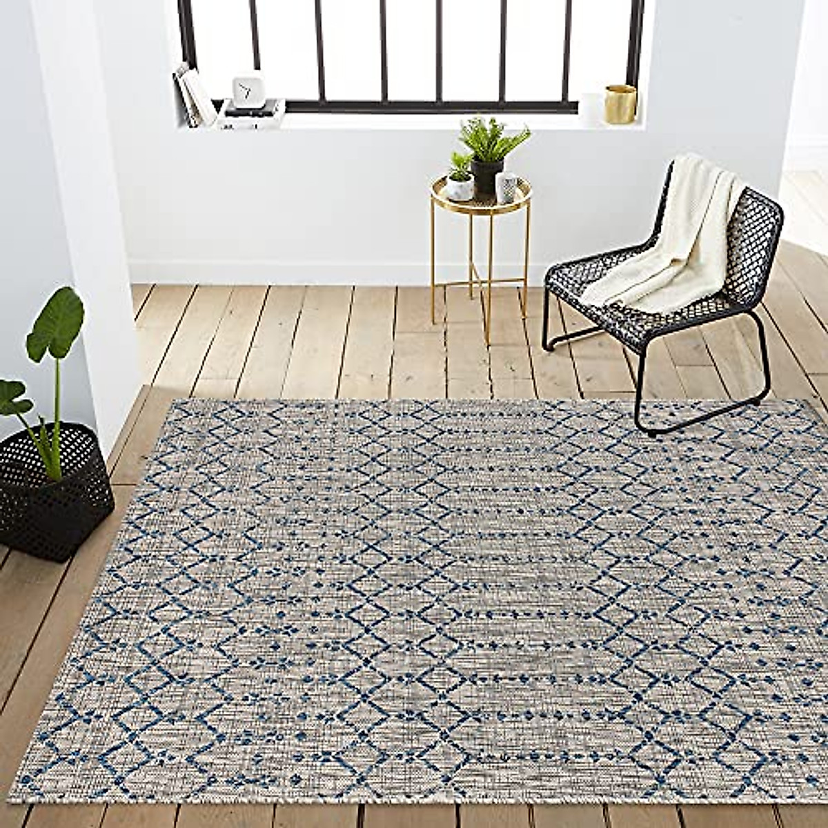 JONATHAN Y SMB108A-3 Ourika Moroccan Geometric Textured Weave Indoor Outdoor Area Rug, Bohemian, Rustic, Scandinavian Easy Cleaning,Bedroom,Kitchen,Backyard,Patio,Non Shedding, Light Gray/Navy, 3 X 5